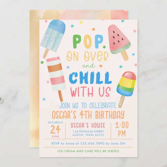 Pop on Over and Chill Ice-cream Kids Birthday Invitation | Zazzle