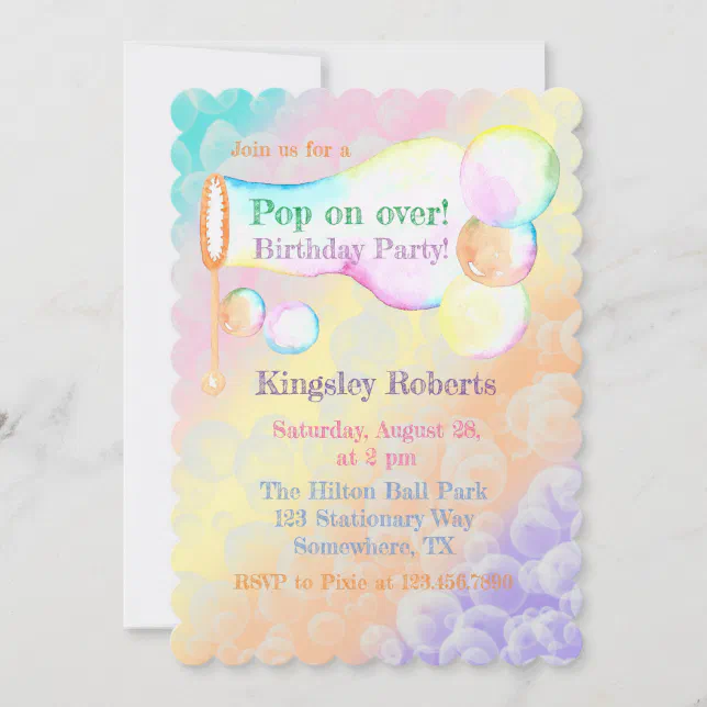 Pop On Over Bubbles Kids Birthday Party Invitation | Zazzle
