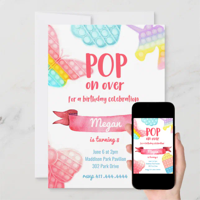 Pop on Over Rainbow Fidget Toy Birthday Invitation | Zazzle