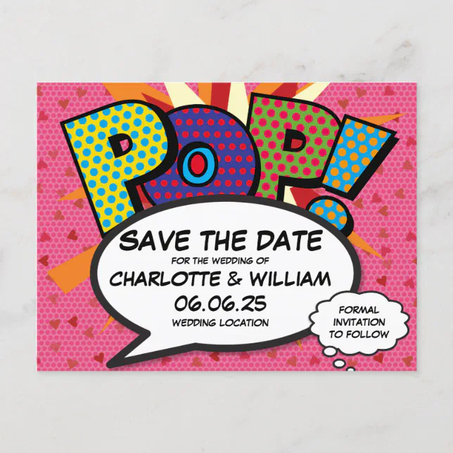 POP Save the Date Fun Retro Comic Book Pop Art Invitation Postcard | Zazzle