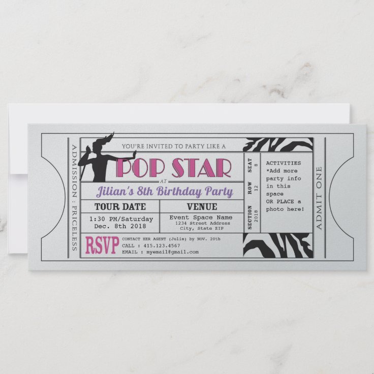 Pop Star Girls Vintage Ticket Birthday Invite | Zazzle