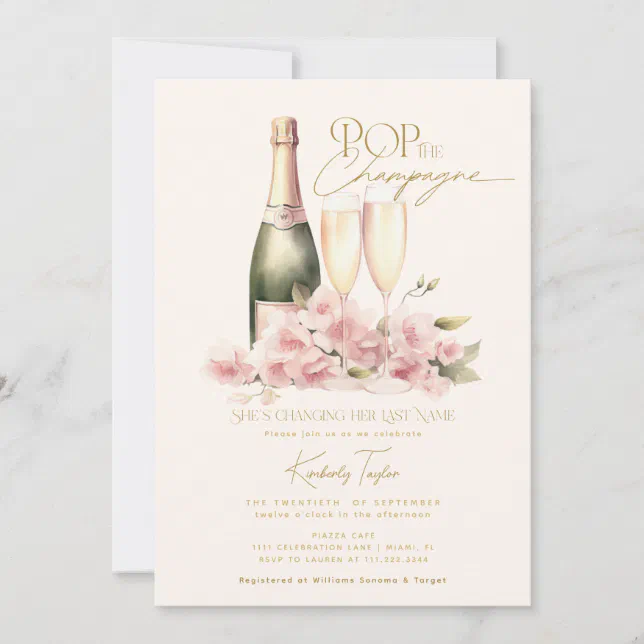 Pop The Champagne Floral Blush Glass Bridal Shower Invitation | Zazzle