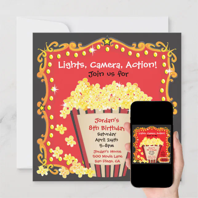 Popcorn and a Movie Birthday Party Invitation | Zazzle