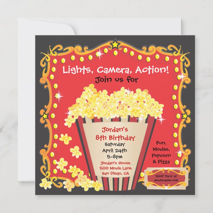 Popcorn and a Movie Birthday Party Invitation | Zazzle