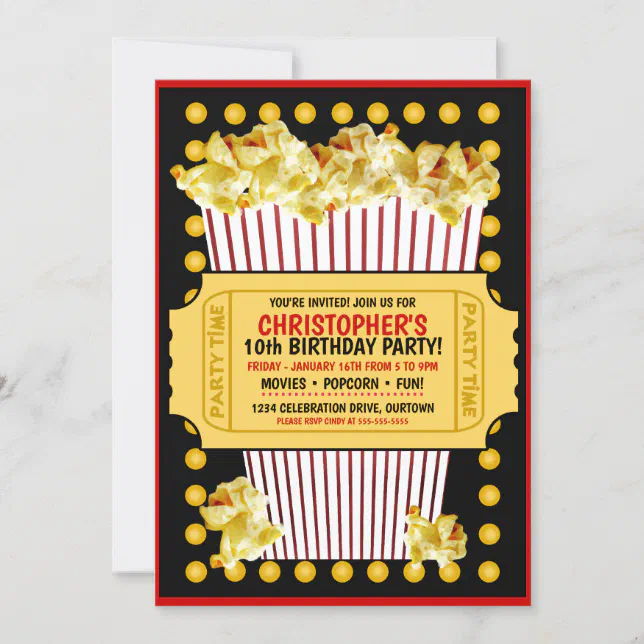 Popcorn and a Movie Birthday Party Invitation | Zazzle