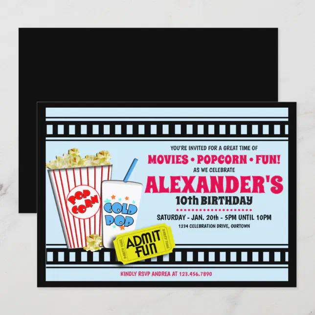 Popcorn and a Movie Birthday Party Invitation | Zazzle
