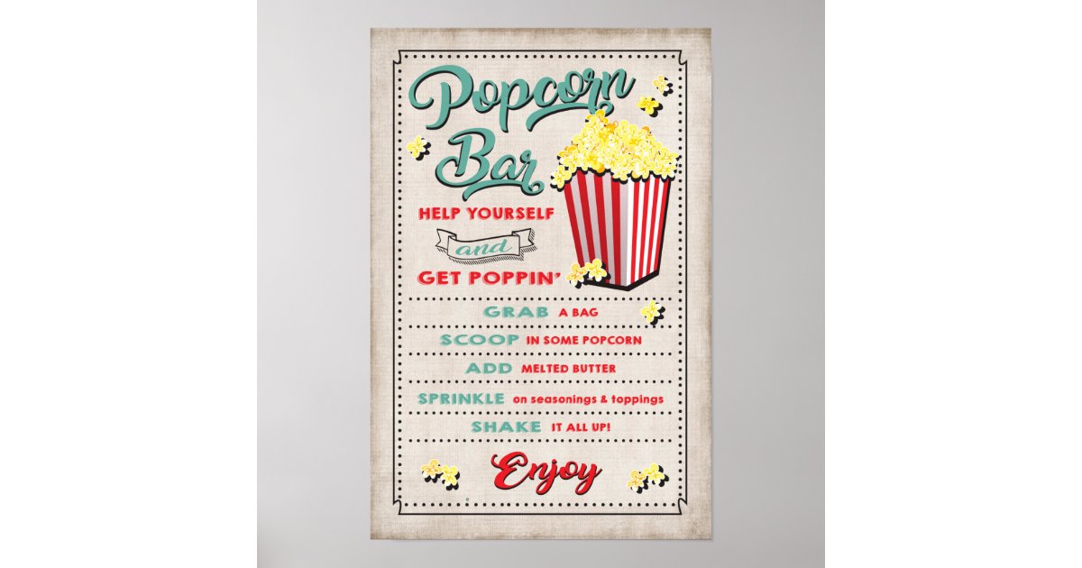 Popcorn Bar Menu Party Sign | Zazzle