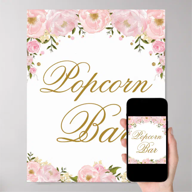 Popcorn Bar Pink Floral Wedding Favor Sign | Zazzle