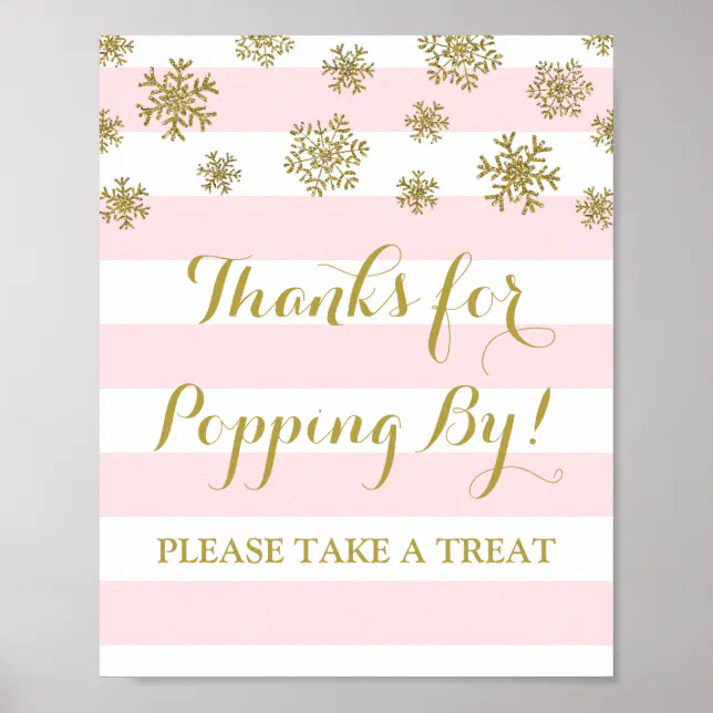 Popcorn Bar Sign Pink Stripes Gold Snowflakes | Zazzle