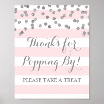 Popcorn Bar Sign Pink Stripes Silver Confetti | Zazzle