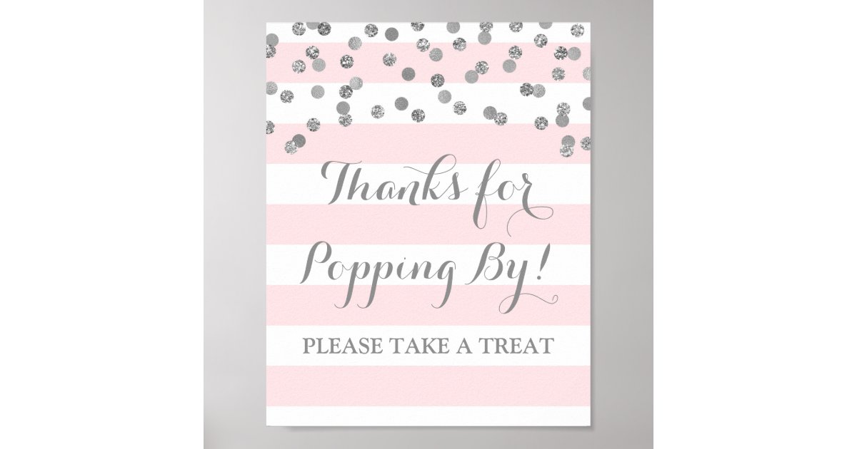 Popcorn Bar Sign Pink Stripes Silver Confetti | Zazzle