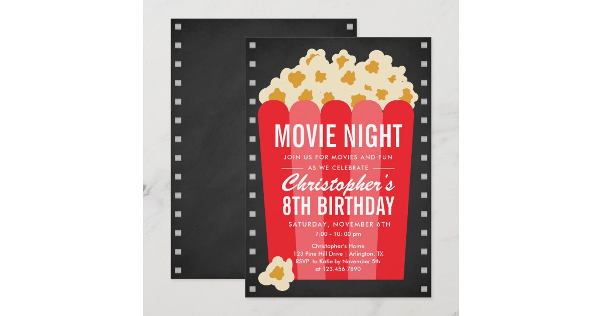 Popcorn Movie Night Birthday Party Invite | Zazzle
