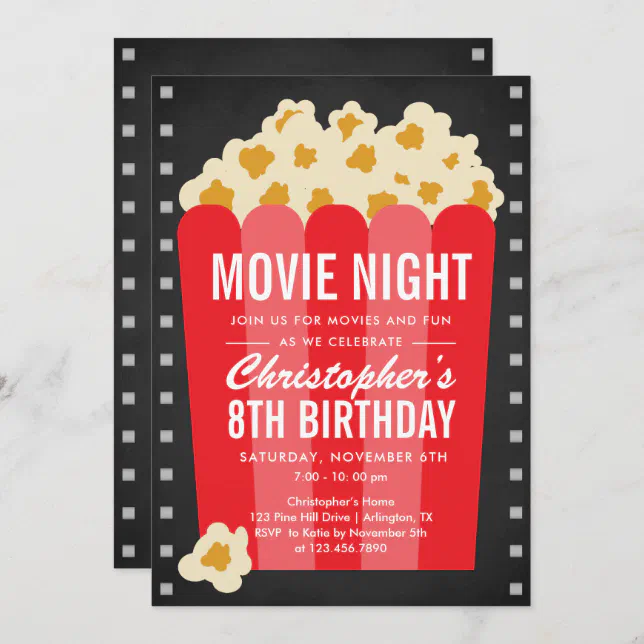 Popcorn Movie Night Birthday Party Invite | Zazzle
