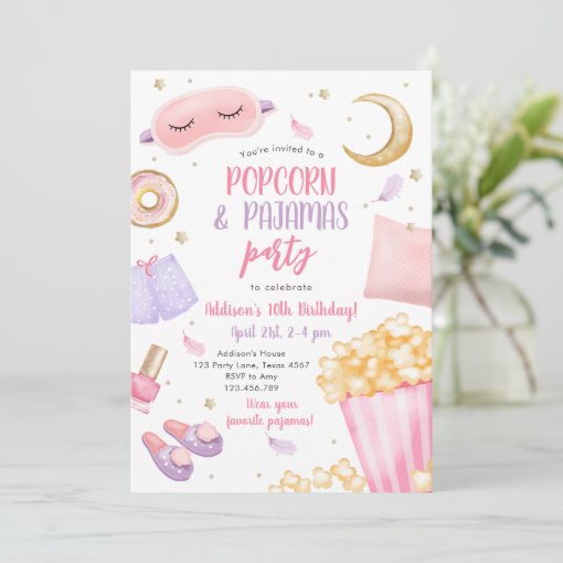 Popcorn Pajamas Sleepover Slumber Party Birthday Invitation | Zazzle