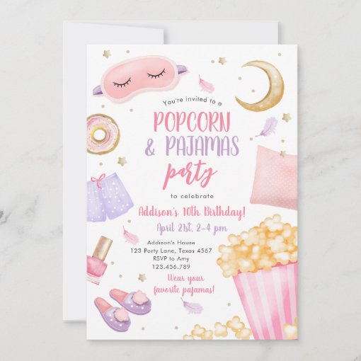 Popcorn Pajamas Sleepover Slumber Party Birthday Invitation | Zazzle