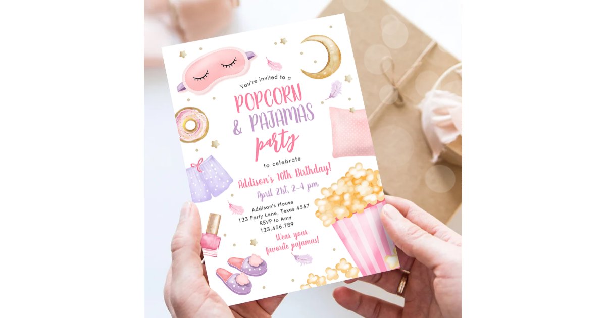 Popcorn Pajamas Sleepover Slumber Party Birthday Invitation | Zazzle