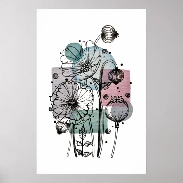 Poppies Doodle In Ink And Watercolor Poster | Zazzle