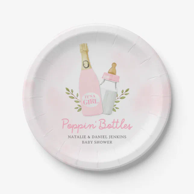 Poppin Bottles Girl Baby Shower Pink Paper Plates | Zazzle