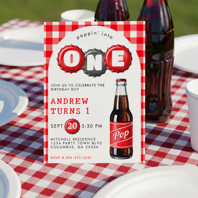 Poppin Into One Soda Plaid Red 1st Birthday Party Invitation | Zazzle