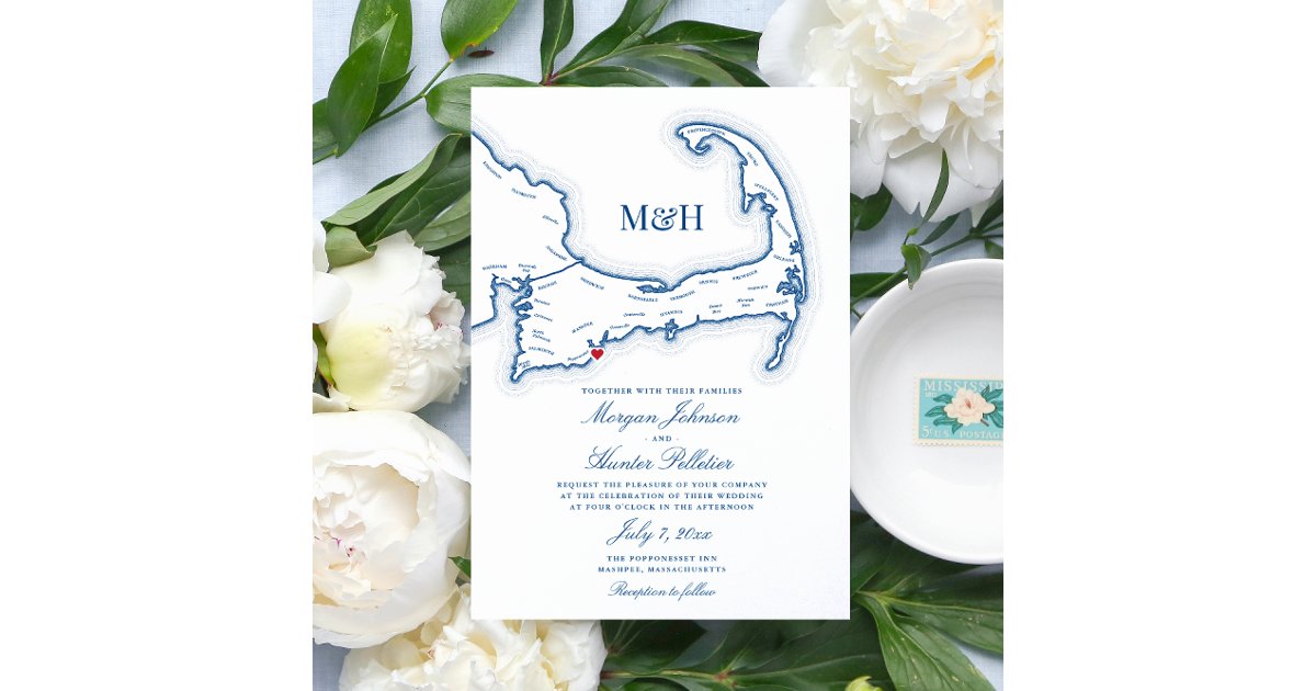 Popponesset Inn Cape Cod Map Elegant Wedding Invitation | Zazzle