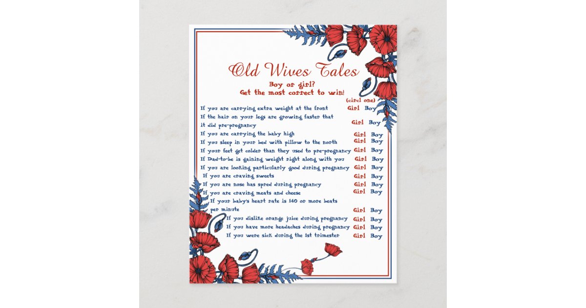 Poppy Floral Baby Shower Old Wives Tale Game | Zazzle