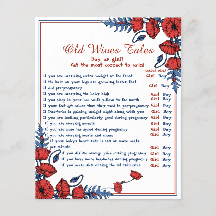 Poppy Floral Baby Shower Old Wives Tale Game | Zazzle