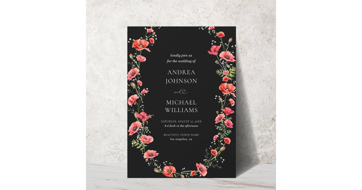 Poppy Floral Heart Script Spring Botanical Wedding Invitation | Zazzle