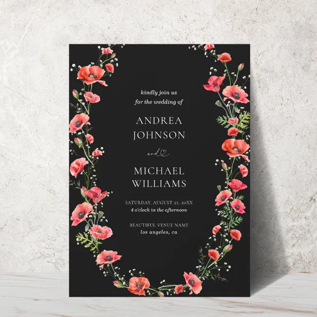 Poppy Floral Heart Script Spring Botanical Wedding Invitation | Zazzle