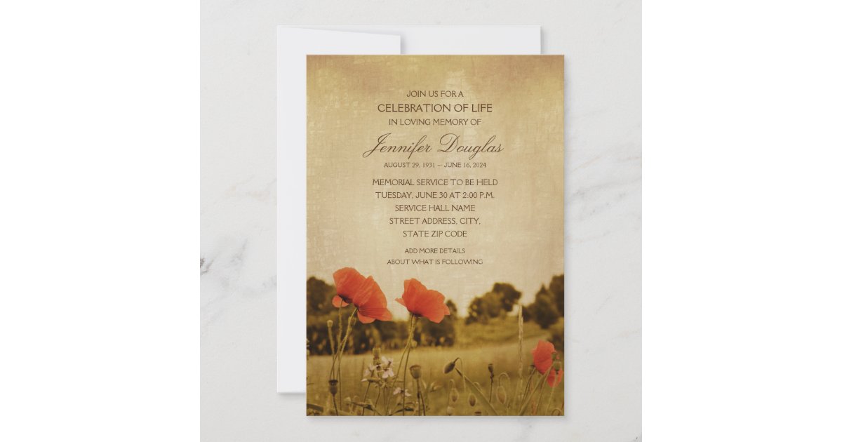 Poppy Funeral Announcements Memorial Cards | Zazzle