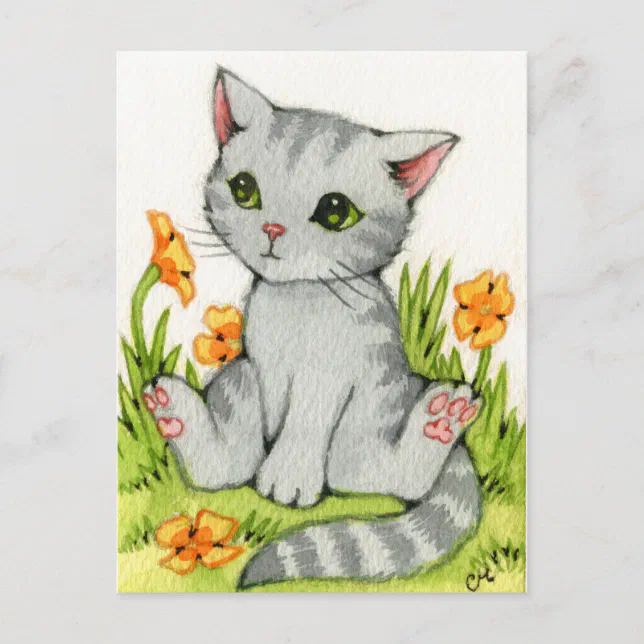 Poppy Garden - Cute Cat Art Postcard | Zazzle