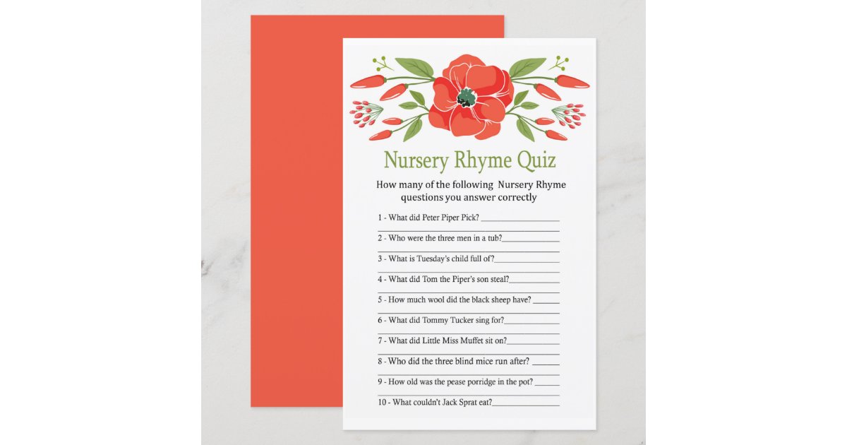 Poppy Nursery Rhyme Quiz baby shower game | Zazzle