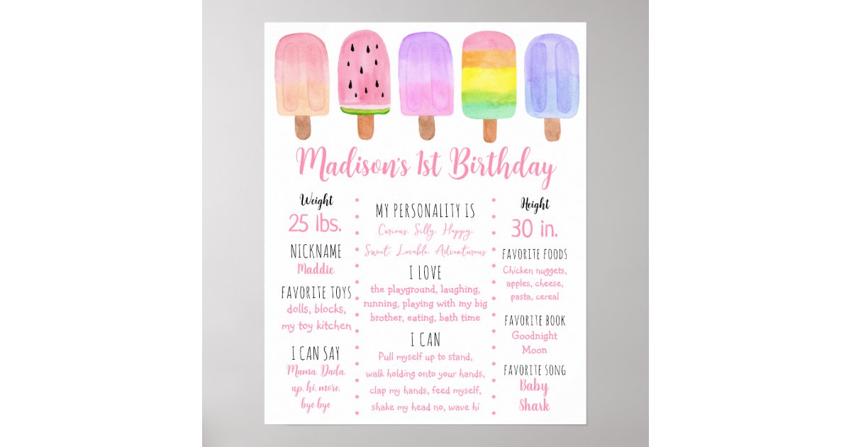 Popsicle Pink Girl First Birthday Milestone Poster | Zazzle