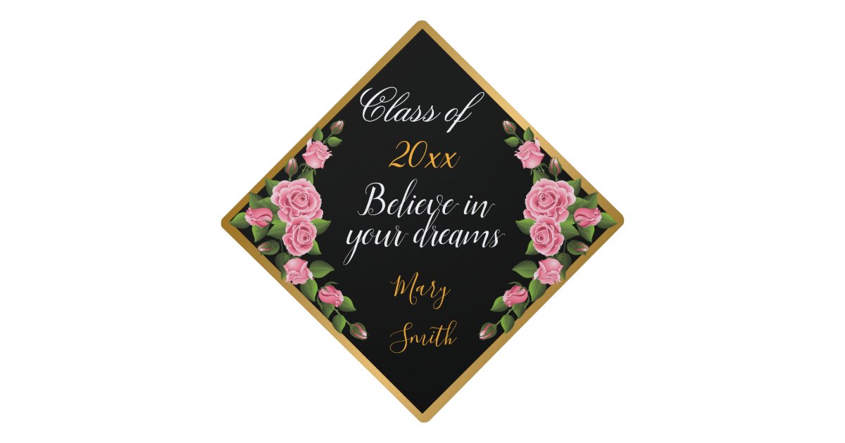 Popular Floral Customize Black Gold Graduation Cap Topper | Zazzle