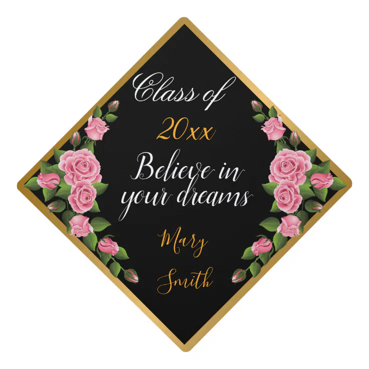 Popular Floral Customize Black Gold Graduation Cap Topper | Zazzle