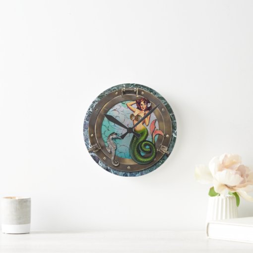PORTHOLE MERMAID, original art mermaids Round Clock | Zazzle