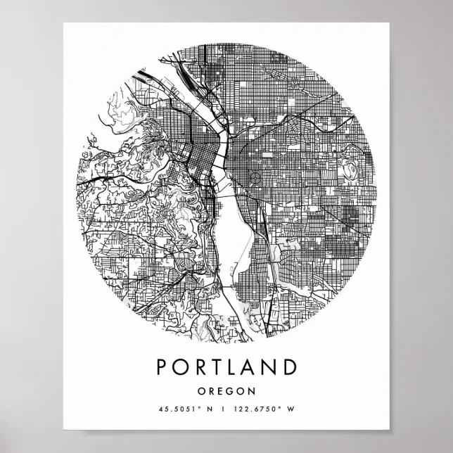 Portland Oregon Minimal Modern Circle Street Map Poster | Zazzle
