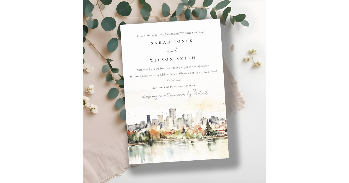 Portland Oregon Skyline Watercolor Engagement Invitation | Zazzle