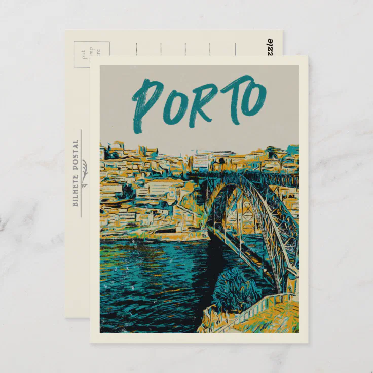 Porto Douro river bridge illustration Portugal Postcard | Zazzle
