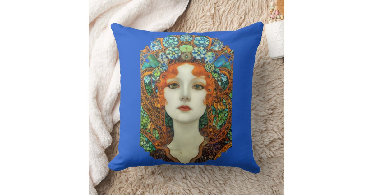 Portrait of Beautiful Woman in Stained Glass Style Throw Pillow | Zazzle