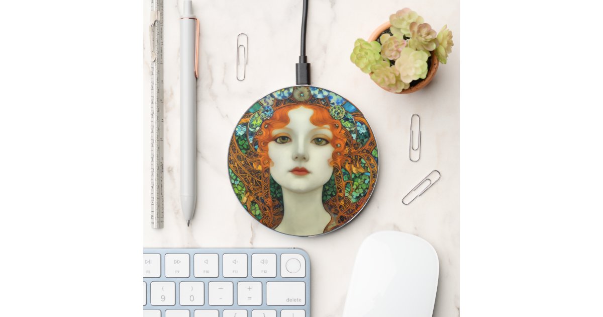 Portrait of Beautiful Woman in Stained Glass Style Wireless Charger ...