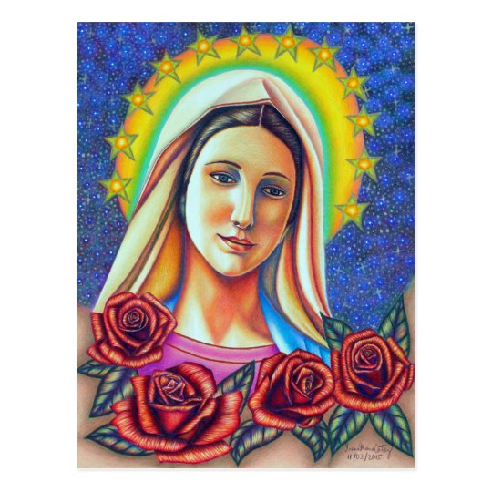 Portrait of Mother Mary with Red Roses Postcard | Zazzle.com