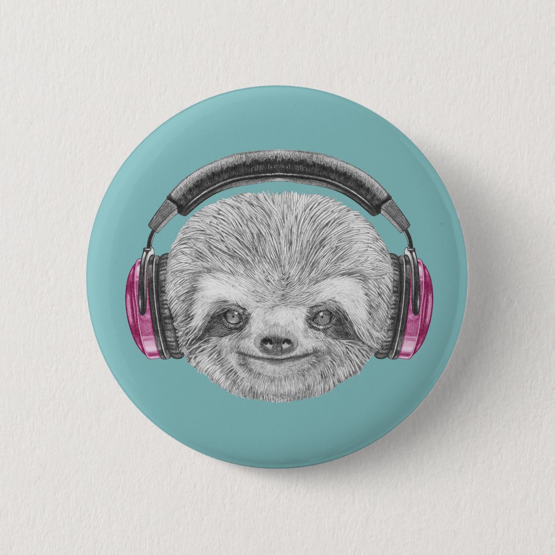 Portrait Of Sloth | Wearing Headphones Button | Zazzle