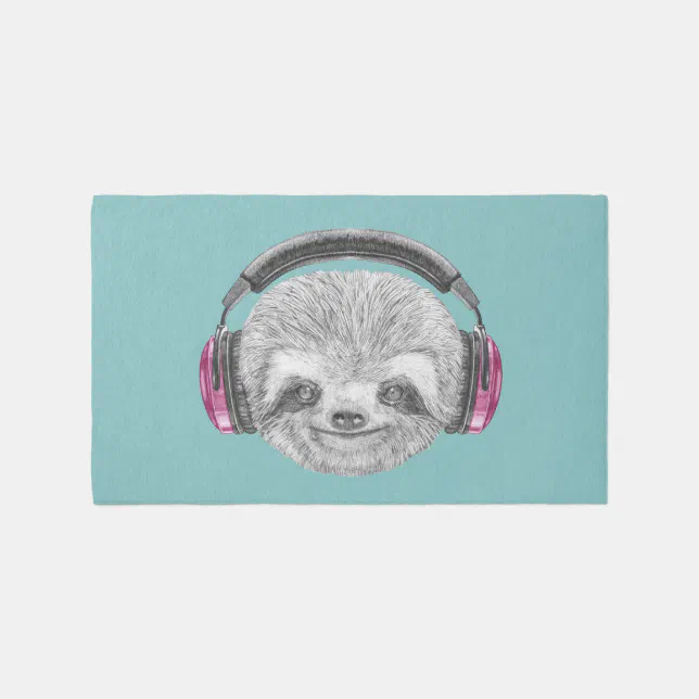 Portrait Of Sloth | Wearing Headphones Rug | Zazzle