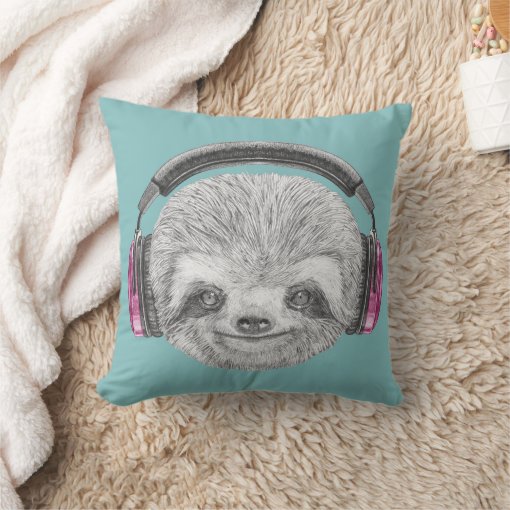 Portrait Of Sloth | Wearing Headphones Throw Pillow | Zazzle