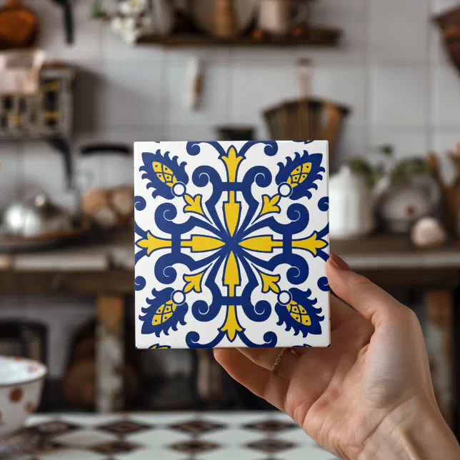 Portuguese Azulejo Classic Decorative Blue Yellow Ceramic Tile | Zazzle