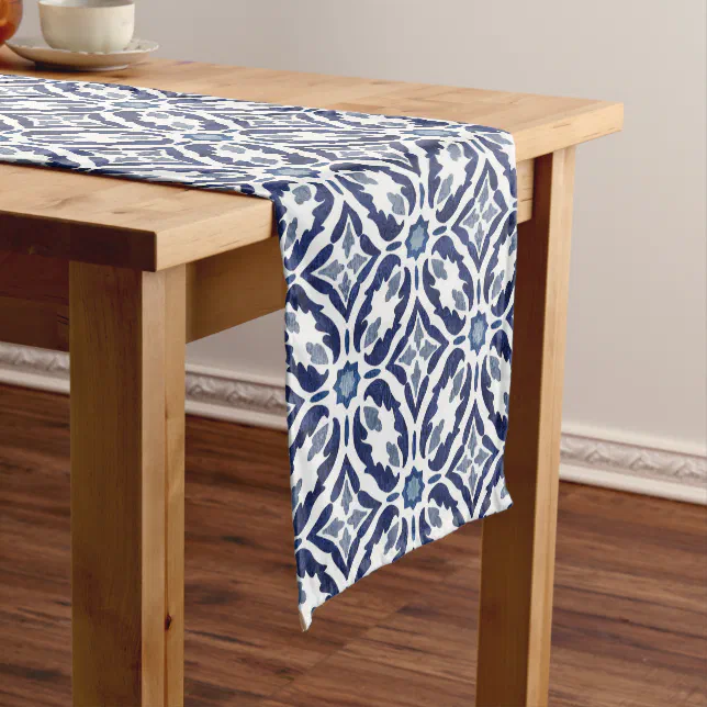 Portuguese Azulejo Spanish tile Blue indigo Short Table Runner | Zazzle