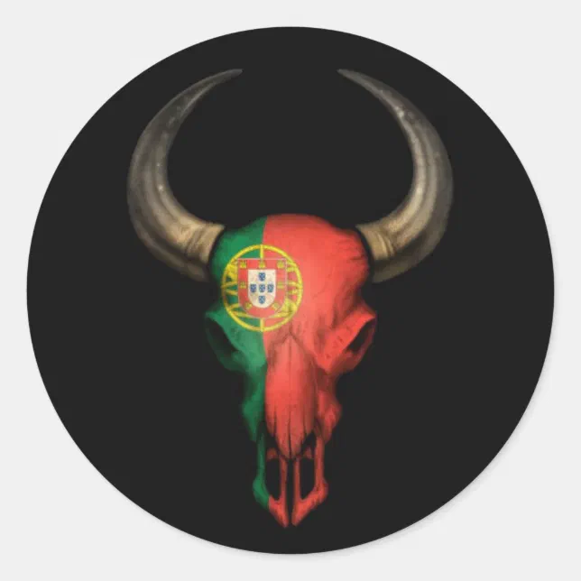 Portuguese Flag Bull Skull on Black Classic Round Sticker | Zazzle