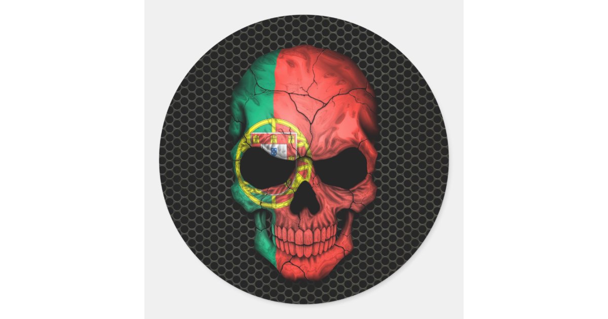 Portuguese Flag Skull on Steel Mesh Graphic Classic Round Sticker | Zazzle