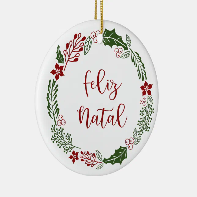 Portuguese Merry Christmas Wreath, Feliz Natal Ceramic Ornament | Zazzle