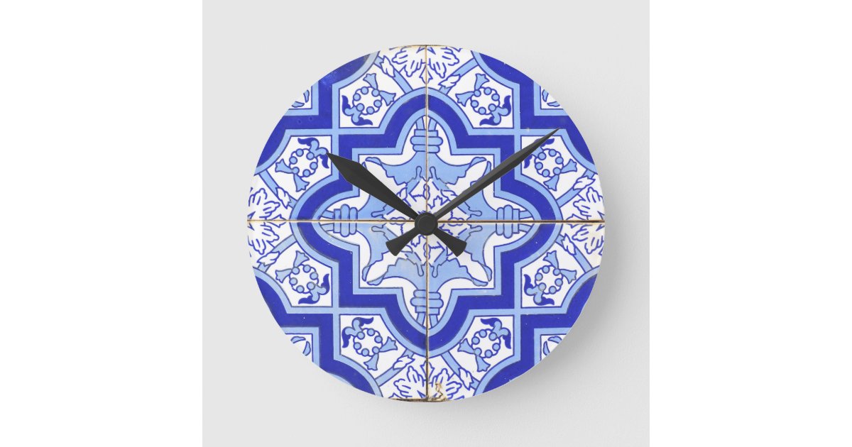 Portuguese Tile Blue and White Round Clock | Zazzle